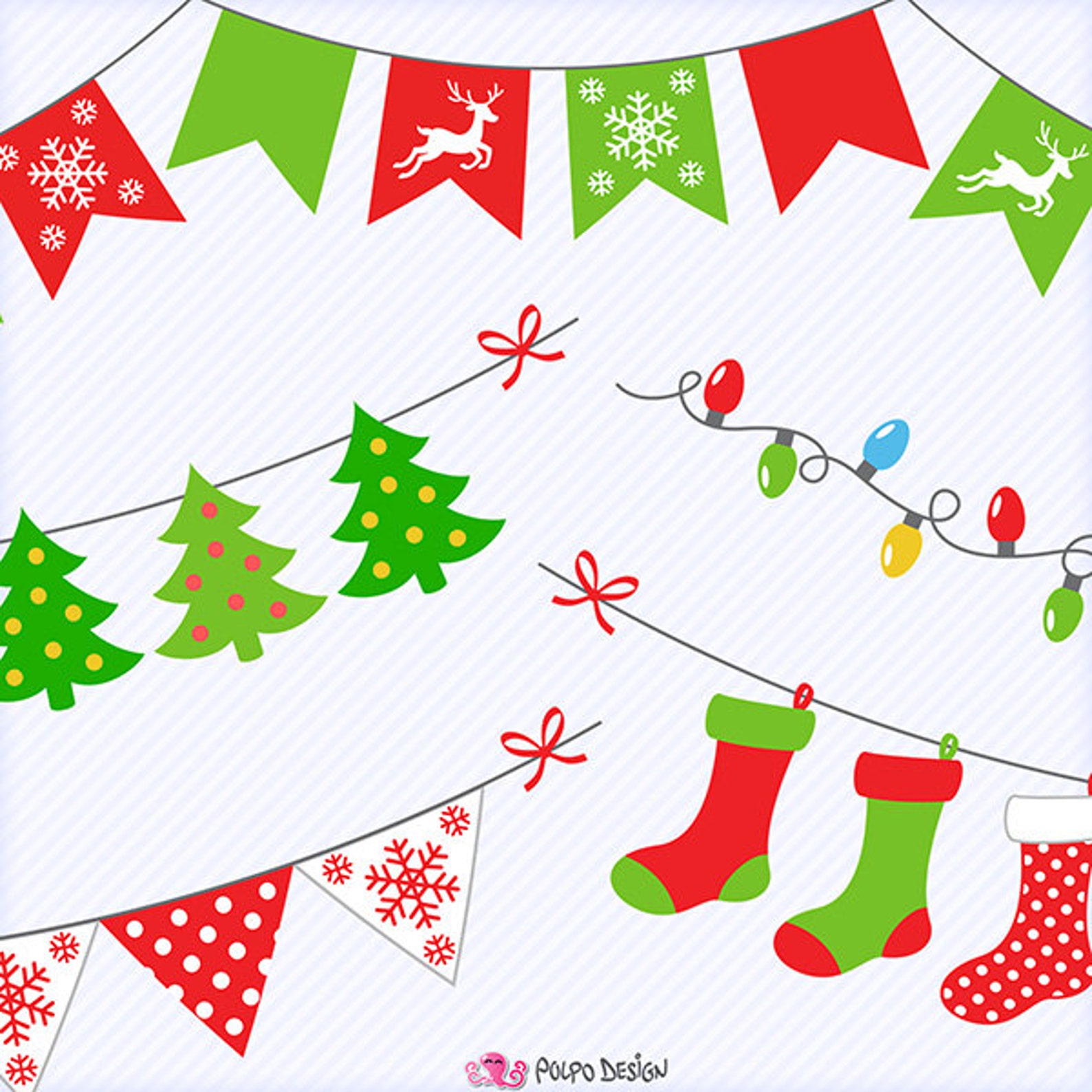 Christmas Bunting Banners Clipart. Digital Clip Art. Commercial ...