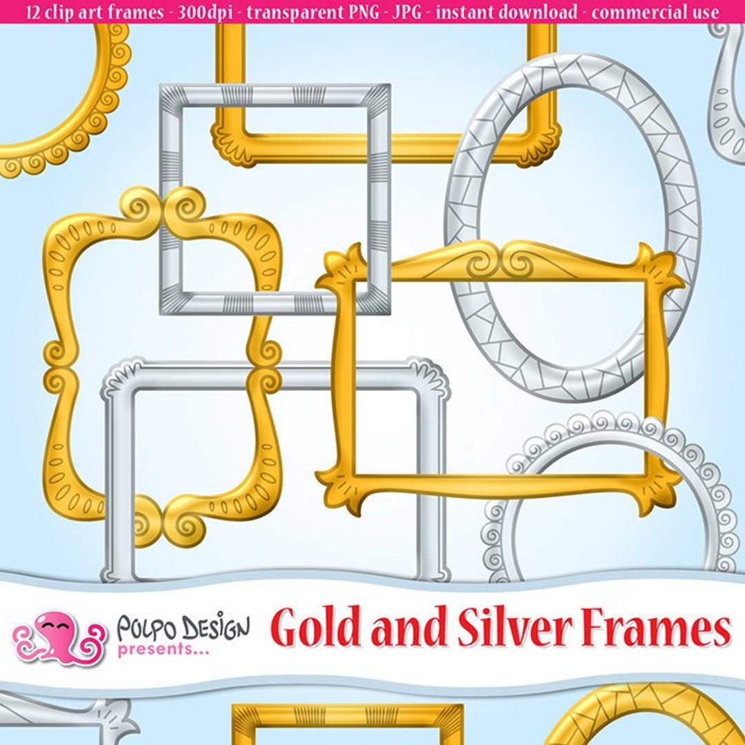 Gold and Silver Frame Clip Art. Digital Frame. Scrapbooking Golden ...