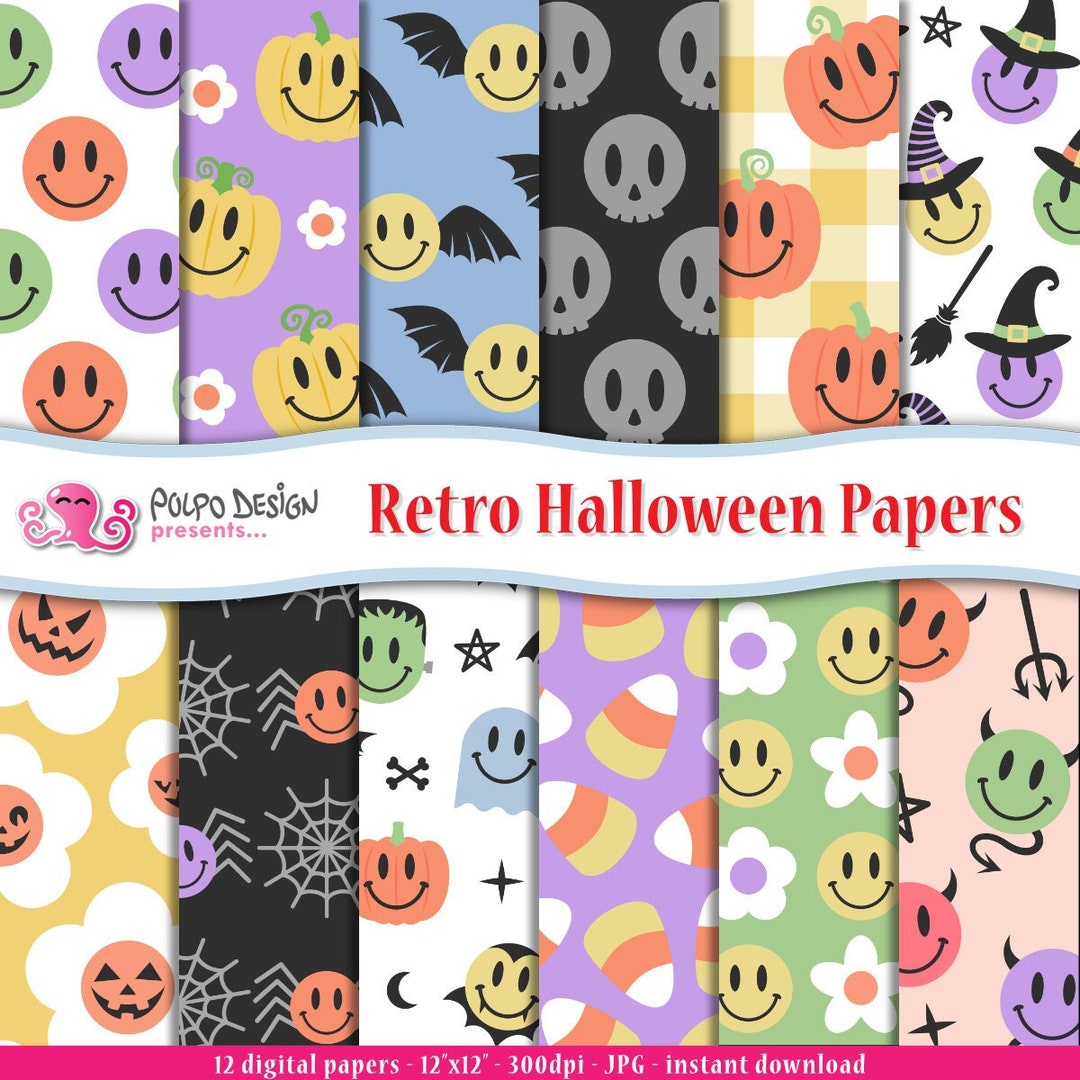 Groovy Retro Halloween Digital Paper. Smiley Face Seamless Pattern ...