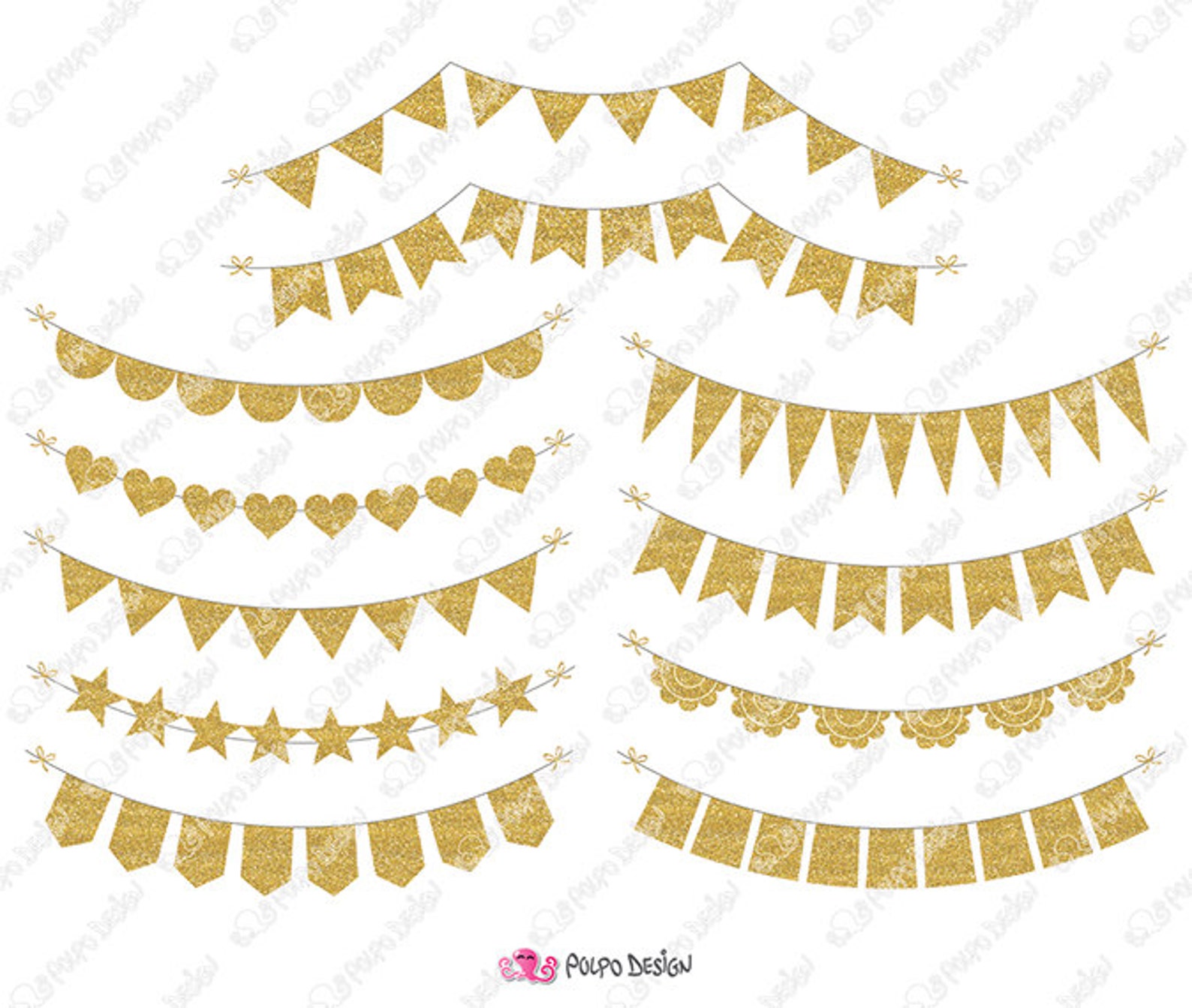 Gold Glitter Bunting Banners Clipart. Digital Clip Art. - Etsy