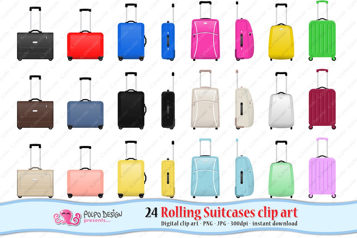 Rolling Suitcase Clipart. Digital Rolling Luggage Clipart, Suitcase ...