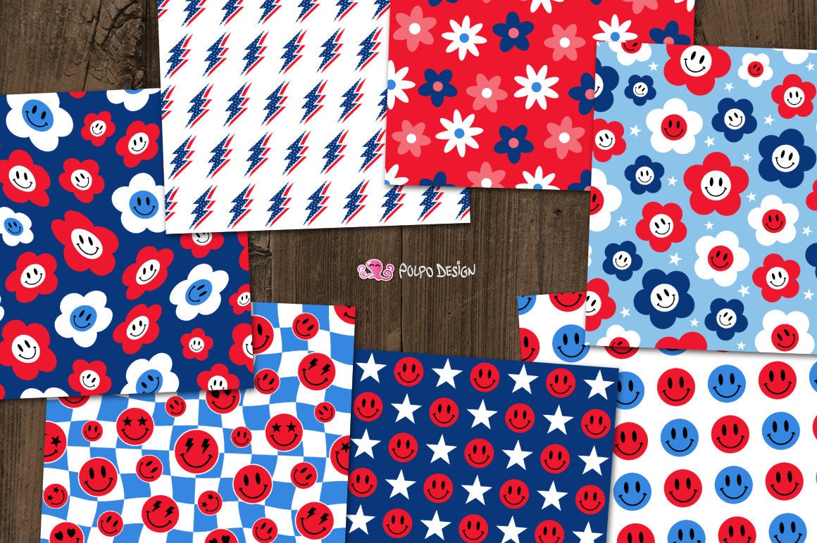 4th of July Retro Smiley Faces Seamless Pattern. Usa, America, Hippy ...