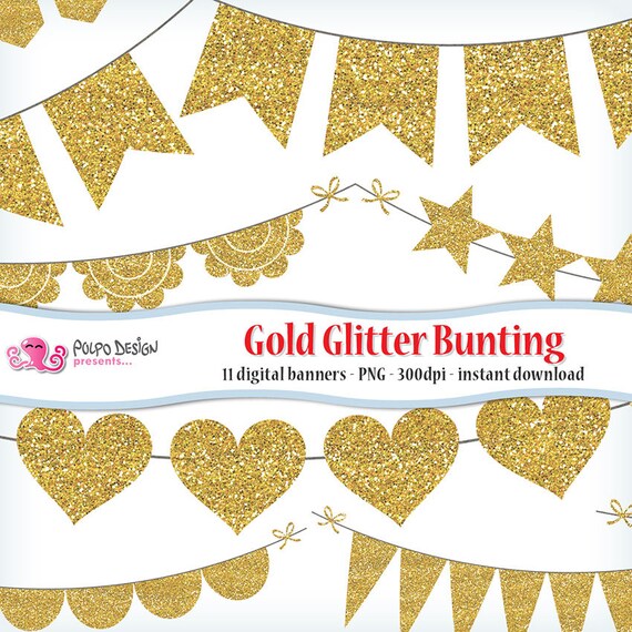 Gold Glitter Bunting Banners Clipart. Digital clip art. Commercial ...