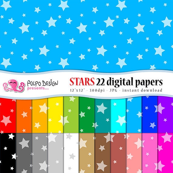 22 Stars Digital Paper in rainbow colors, brown, grey, pink, black and ...