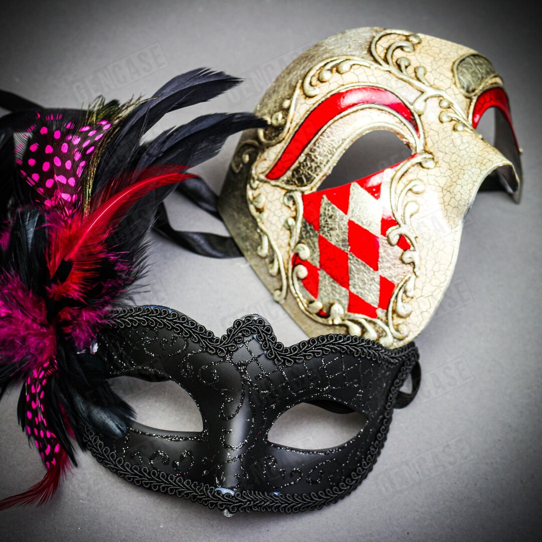 Venetian RED Silver-themed Couple Masquerade Party Masks Set Phantom ...