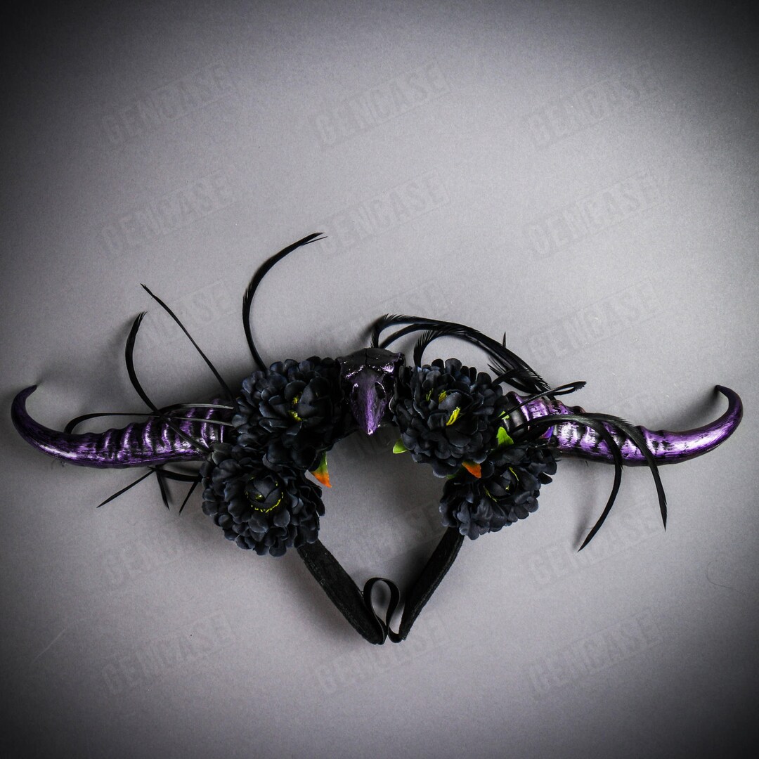 Purple Raven Skull Gothic Devil Animal Wide Black Long Horn Head Dress ...