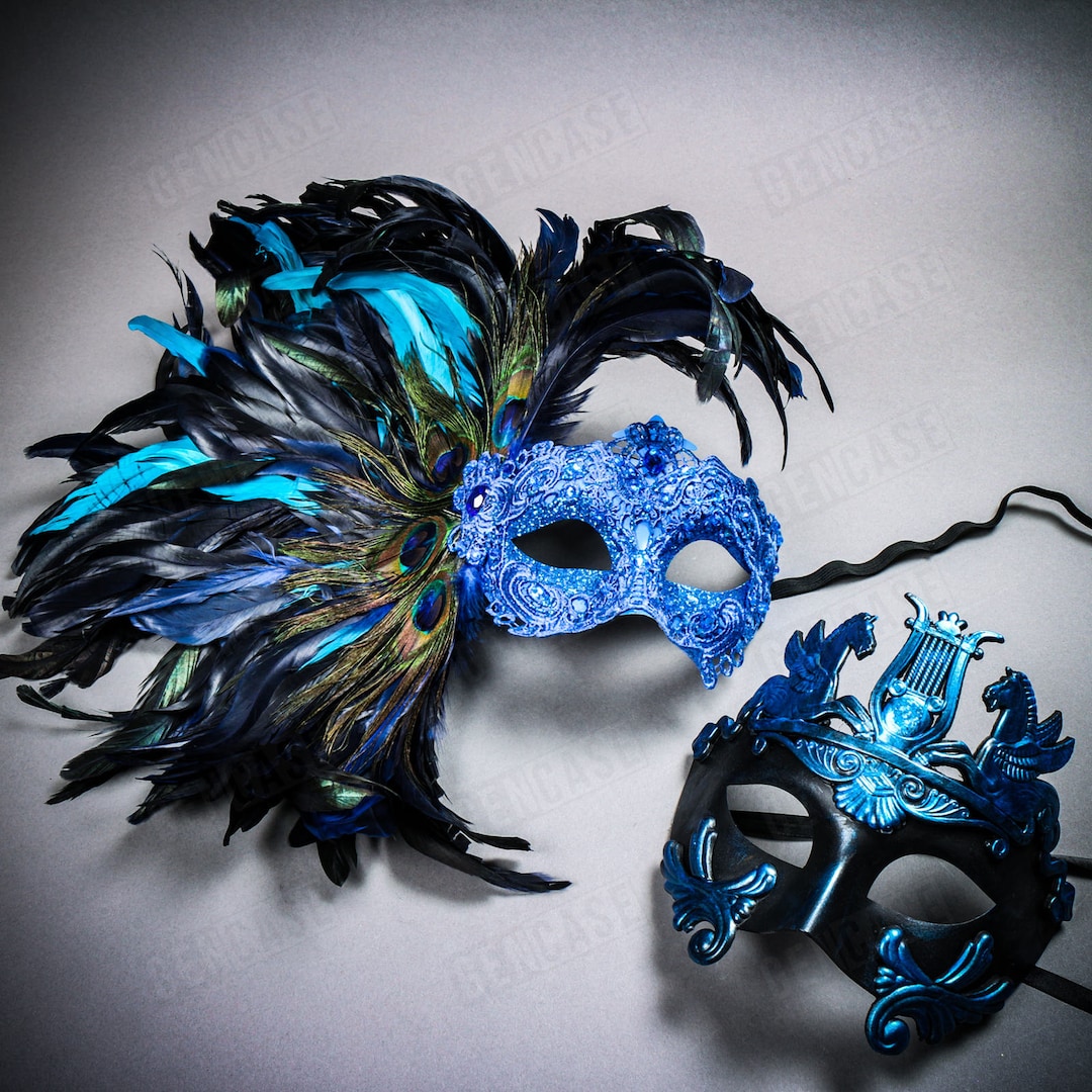 BLUE Luxury Couple's Carnival Masquerade Venetian Party Mask With Mardi ...