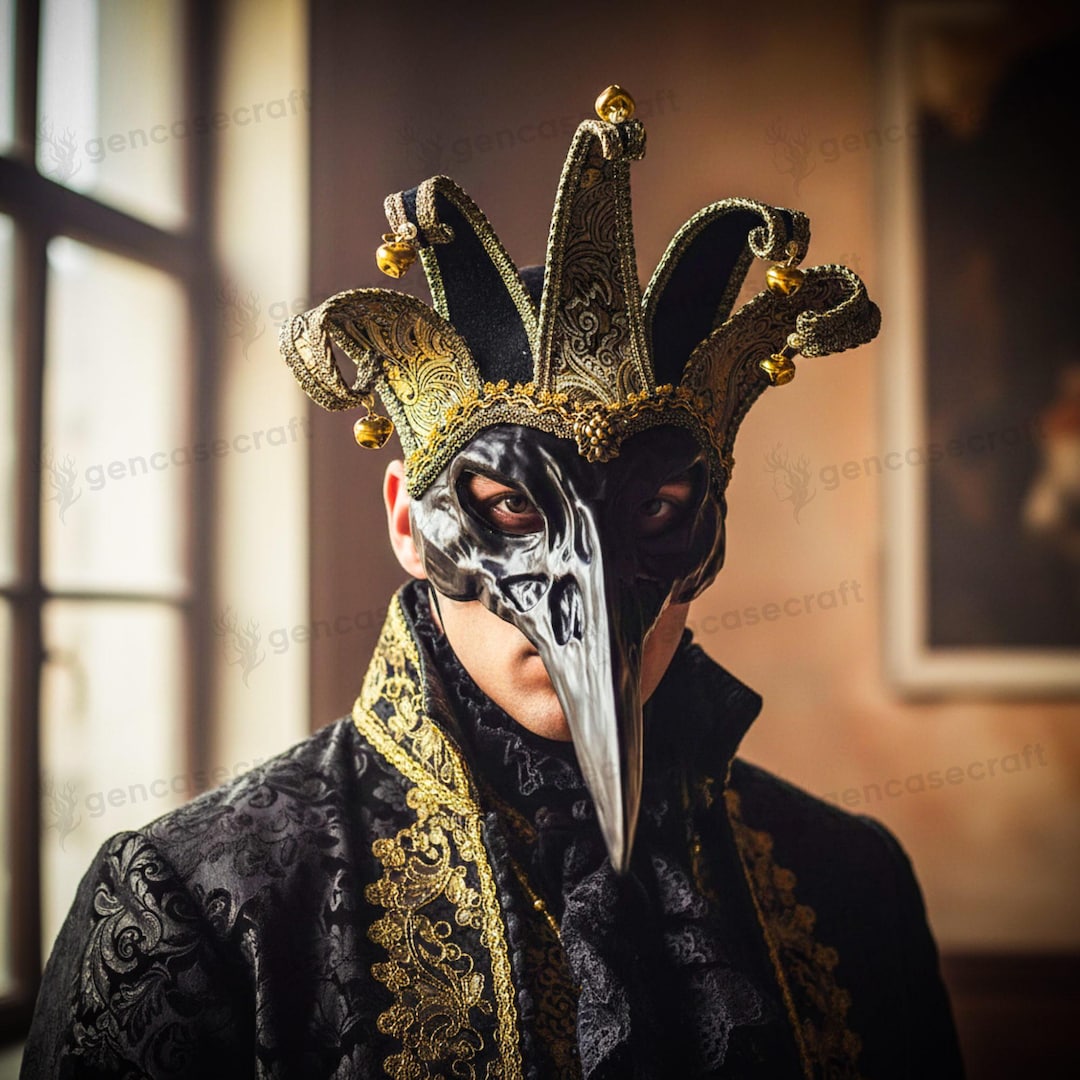 Black Venetian Jester Plague Doctor Mask, Mardi Gras Joker Bird Nose ...