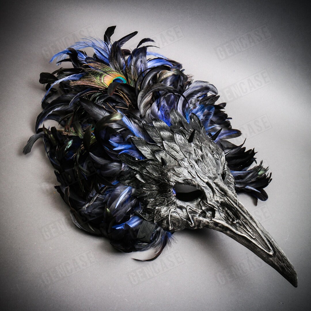 Black Plague Doctor Raven Skull Bird Nose With Large Black Blue Feather ...