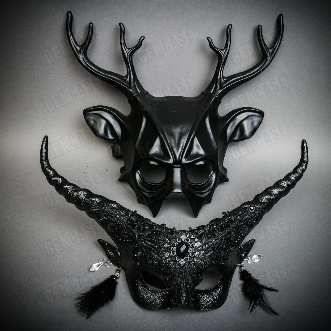 Black Deer Horns Devil Mask W/ Long Horns Elegant Devil Eye Mask W ...