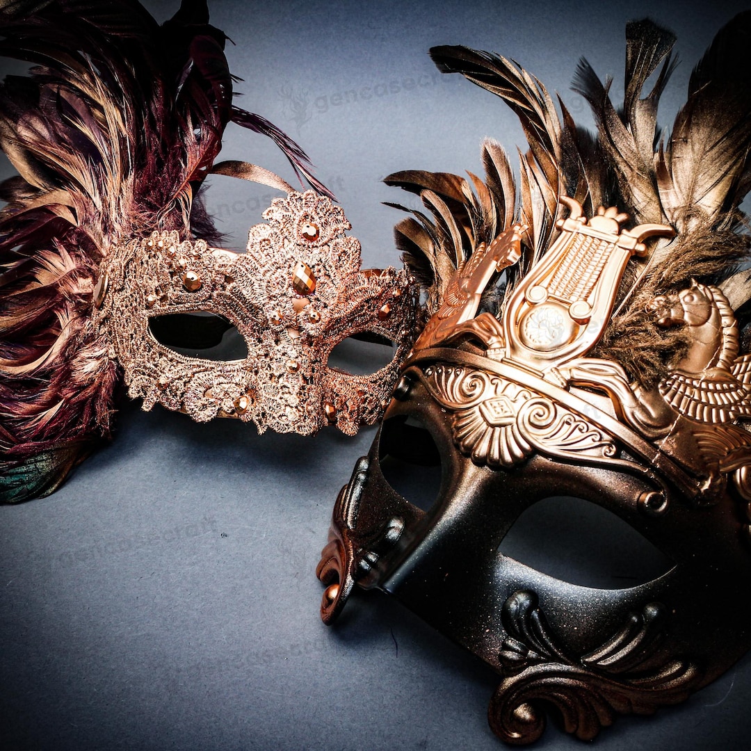 Couple Masquerade Party Costume Matching Mask Set, Purple Feather Women ...