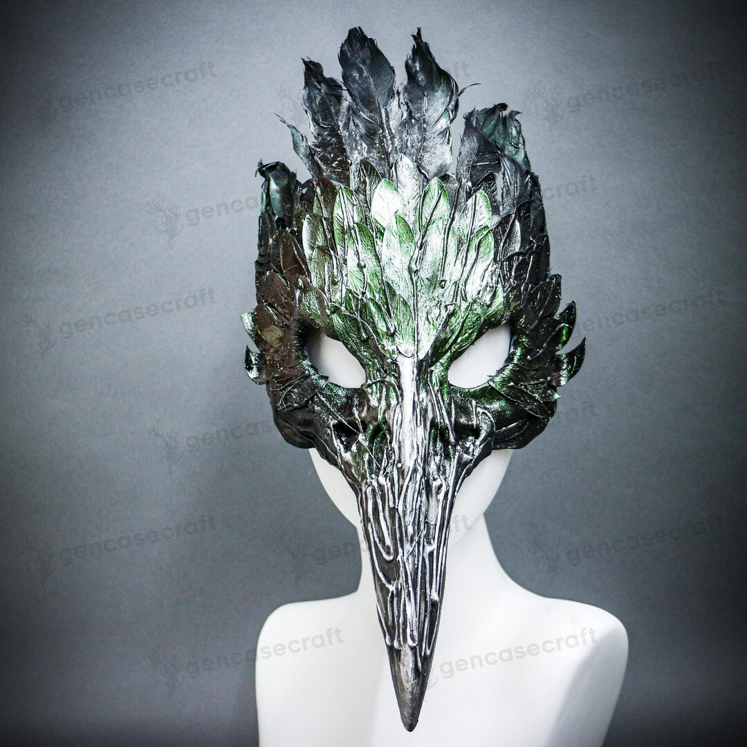 Dark Green Gothic Long Nose Crow Skull Mask Feather, Halloween ...