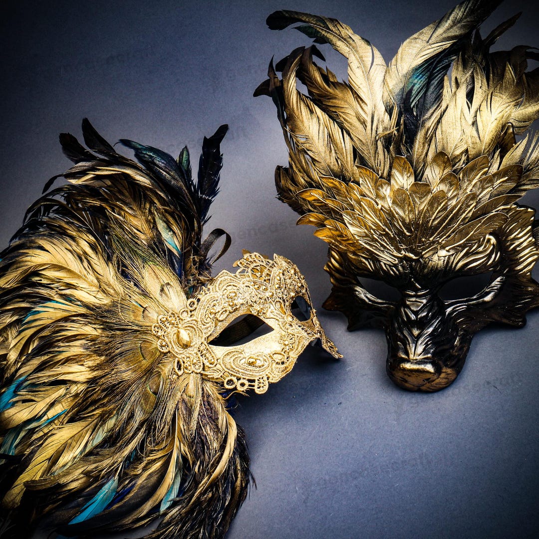 Halloween Couples' Mask Costume - Full Face Wolf Mask Gold Feather ...