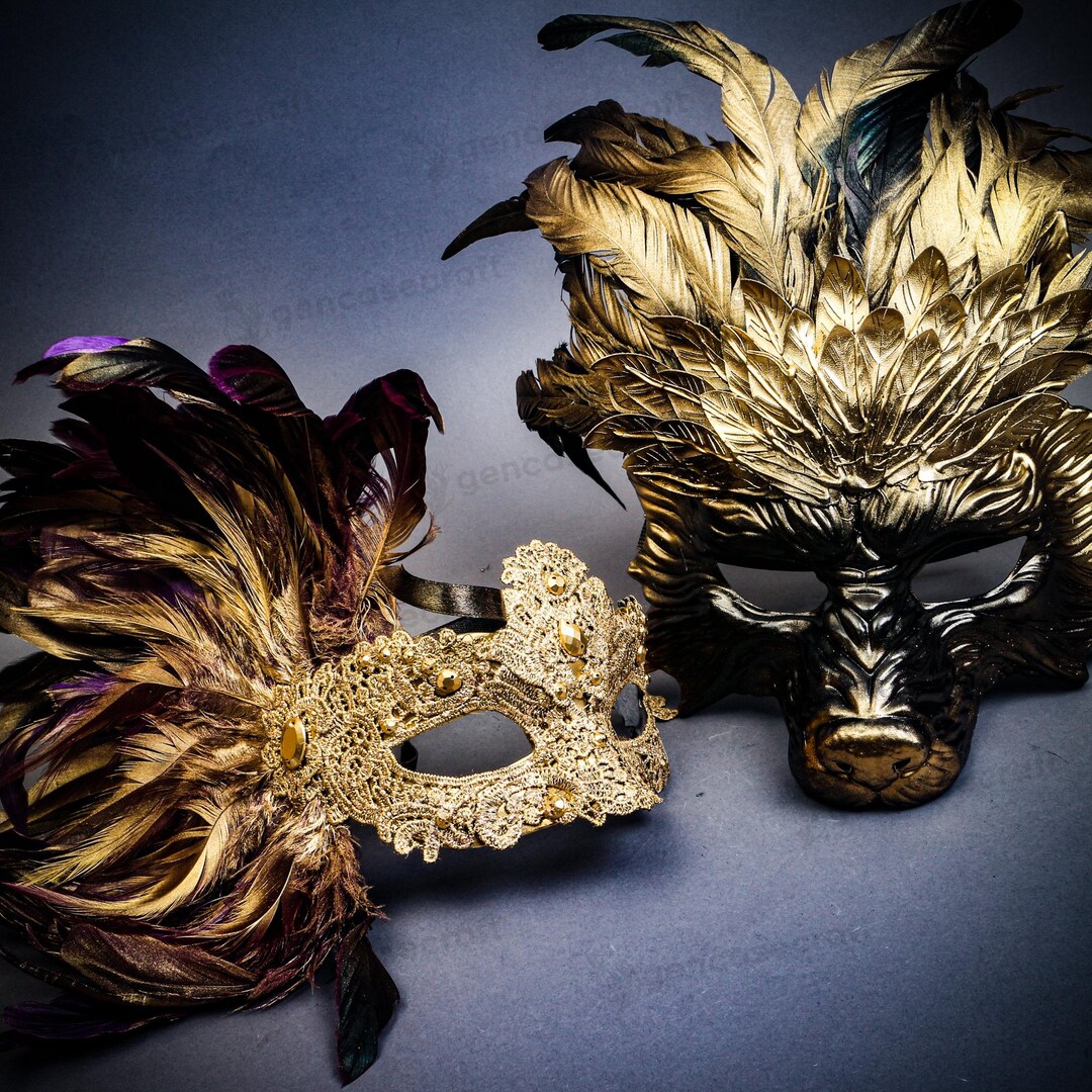 Halloween Couples' Mask Costume - Animal Wolf Mask Gold Feather ...