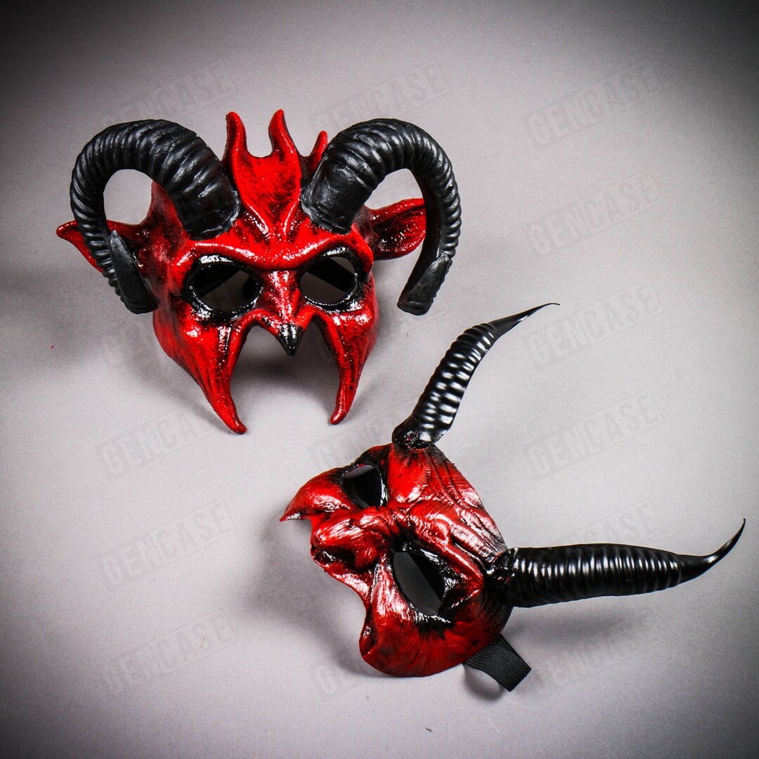Bloody Red Devil Halloween Demon Mask W/ Twisted Ram Devil Horns for ...