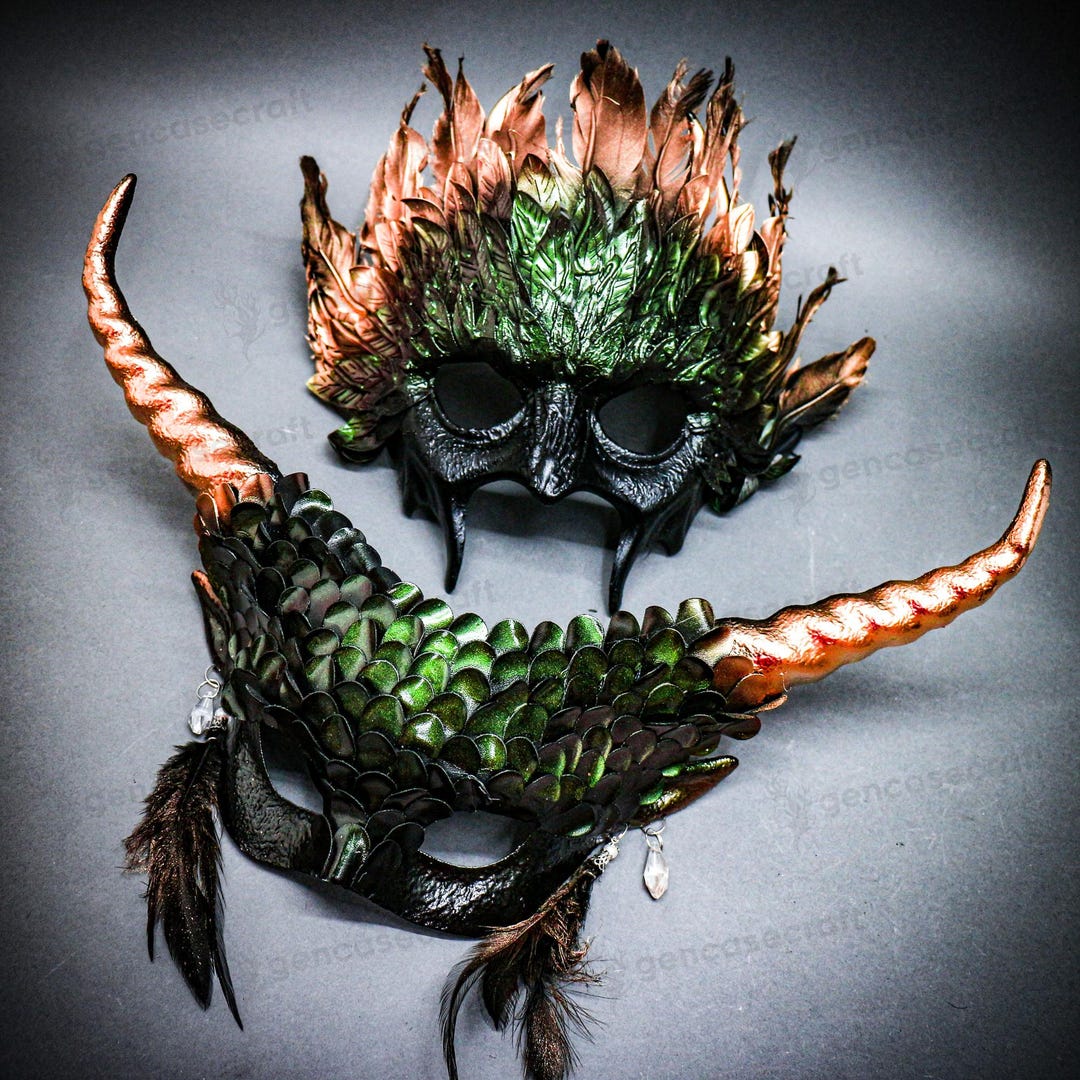 Demon Monster Halloween Couple Feather Masquerade, Copper Green Monster ...