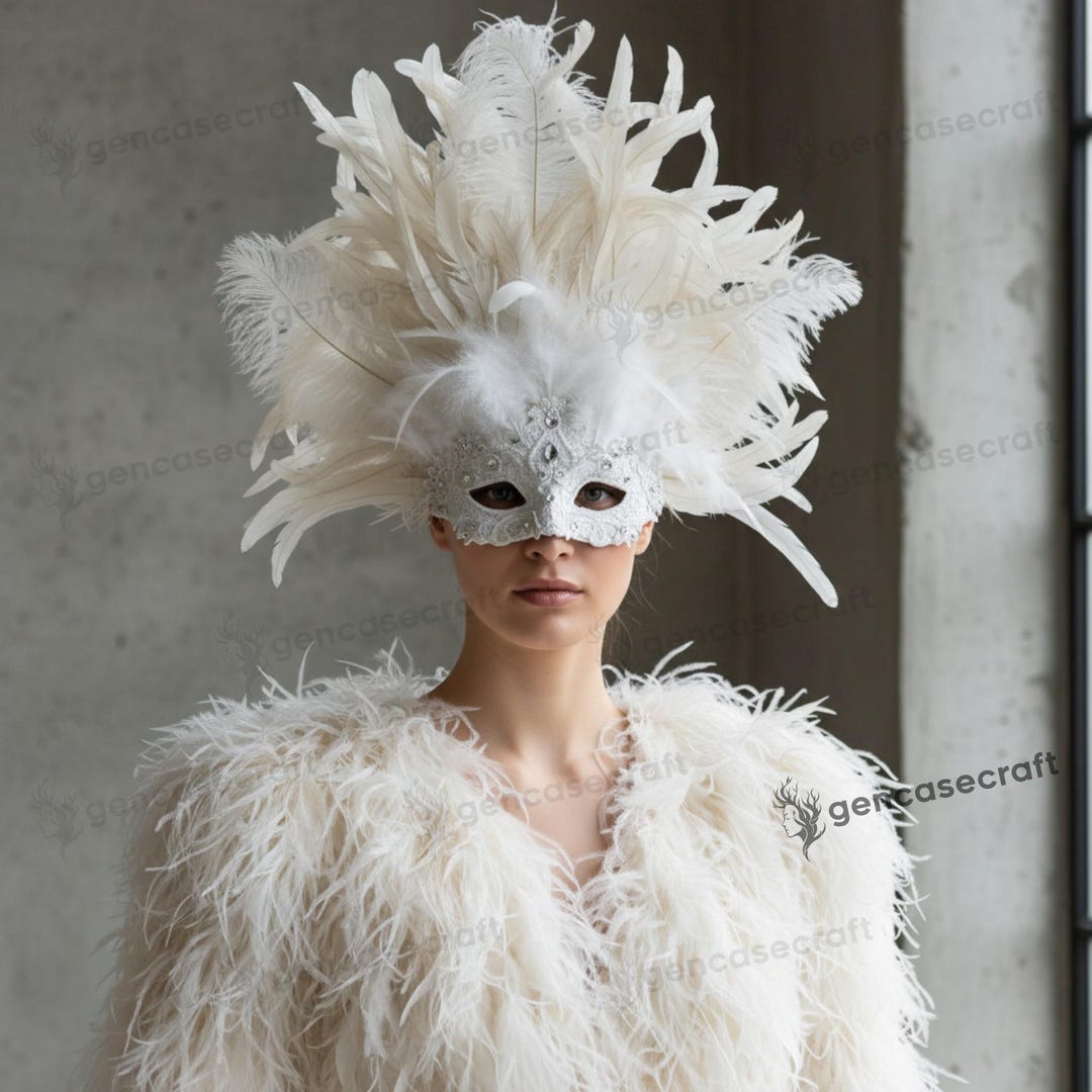 Women White Large Feather Carnival Masquerade Venetian Party Mask for ...