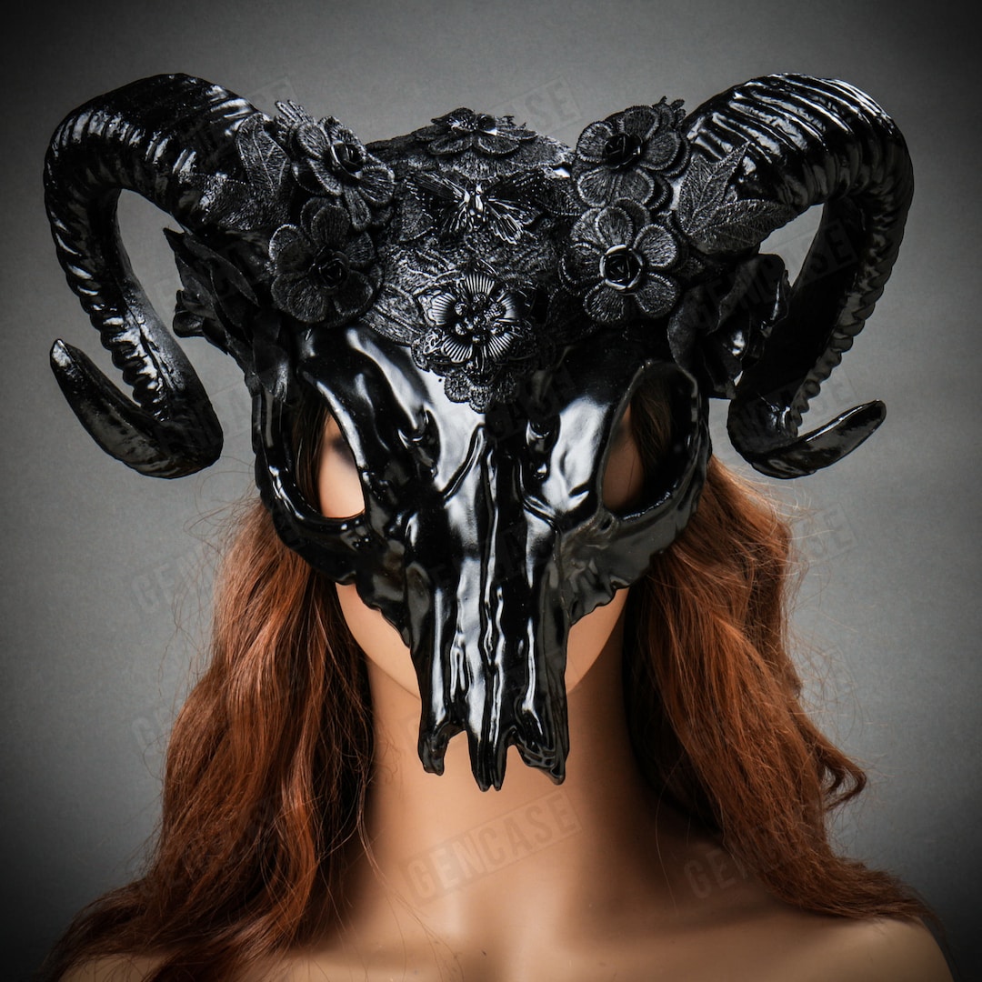 Full Black Antelope Devil Animal Skull W/ Twisted Ram Horns Masquerade ...