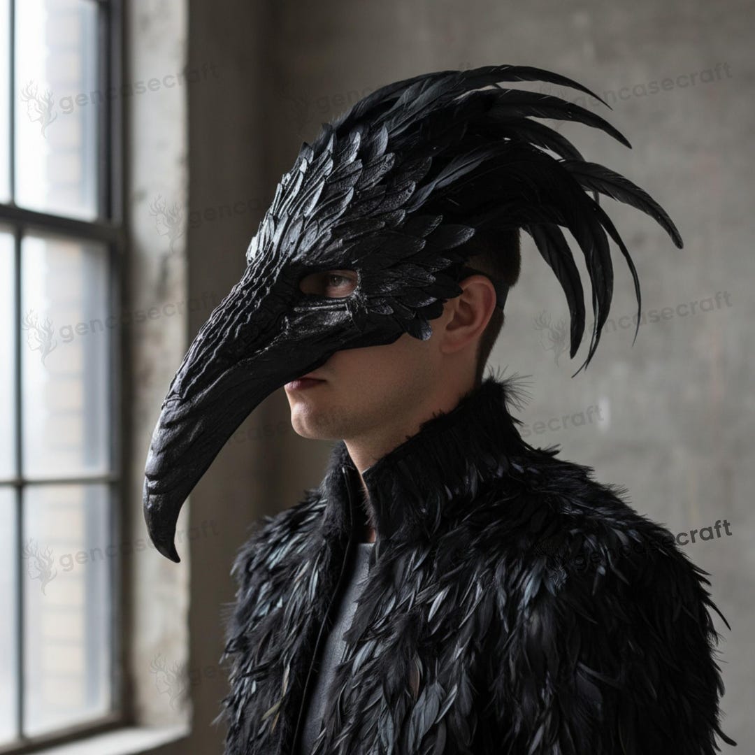 Black Bird Curved Beak Long Nose Skull Face Mask Top Feather Halloween ...