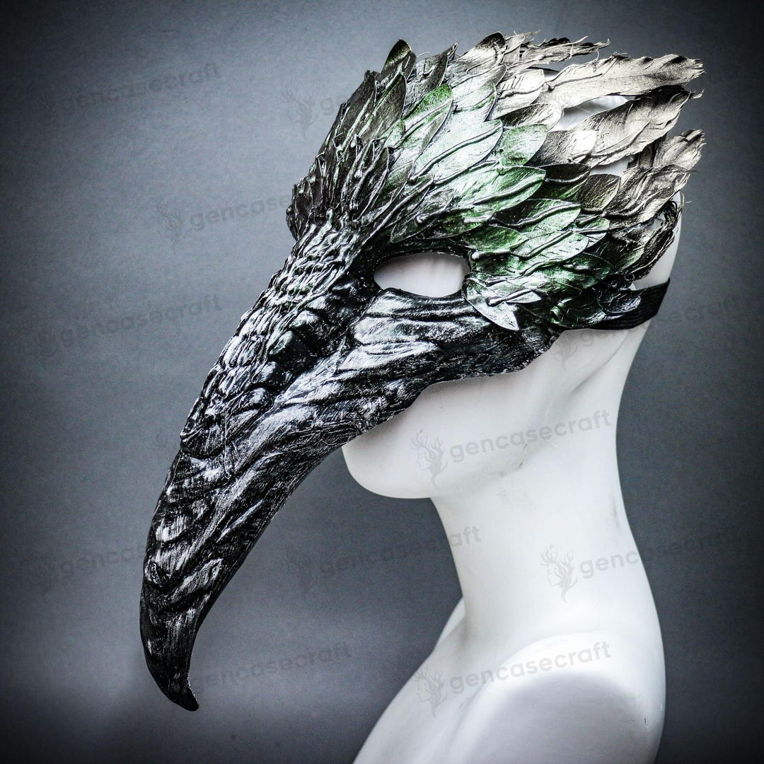 Feather Raven Crow Bird Skull Long Nose Mask, Curved Beak Halloween ...