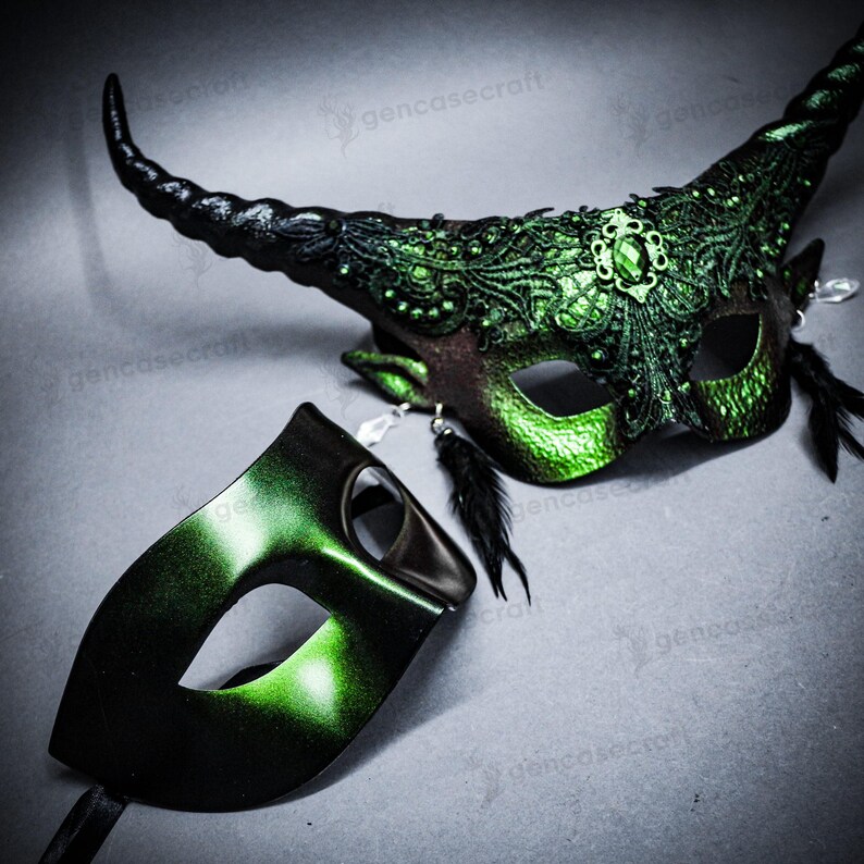 Green Venetian Masquerade Couple Mask |women Luxury Krampus Horned ...