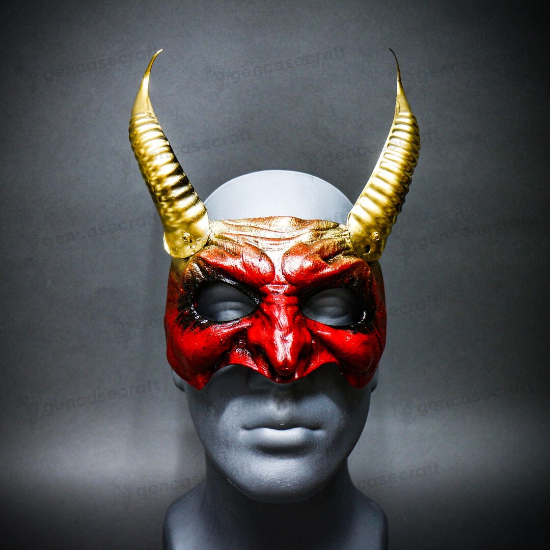 Red Halloween Scary Devil Demon Mask With Horns, Half Face Party ...