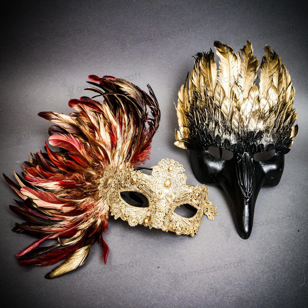 Gold Masquerade Halloween Couple Mask, Red Feather Venetian Mardi Gras ...