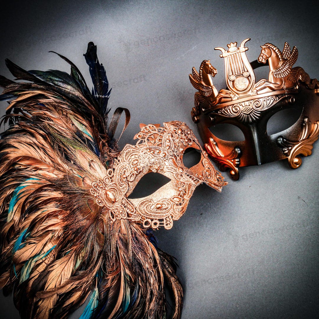 Couple Masquerade Mask Set | Blue Side Feather Women Venetian Mask ...