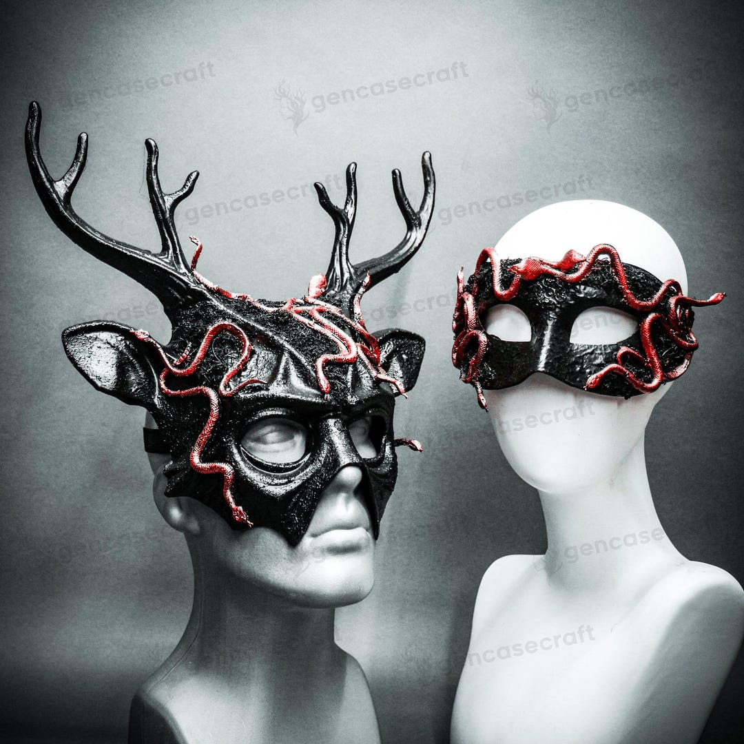 Black Couple's Halloween Masquerade Snakes Mask | Red Devil Demon Horn ...