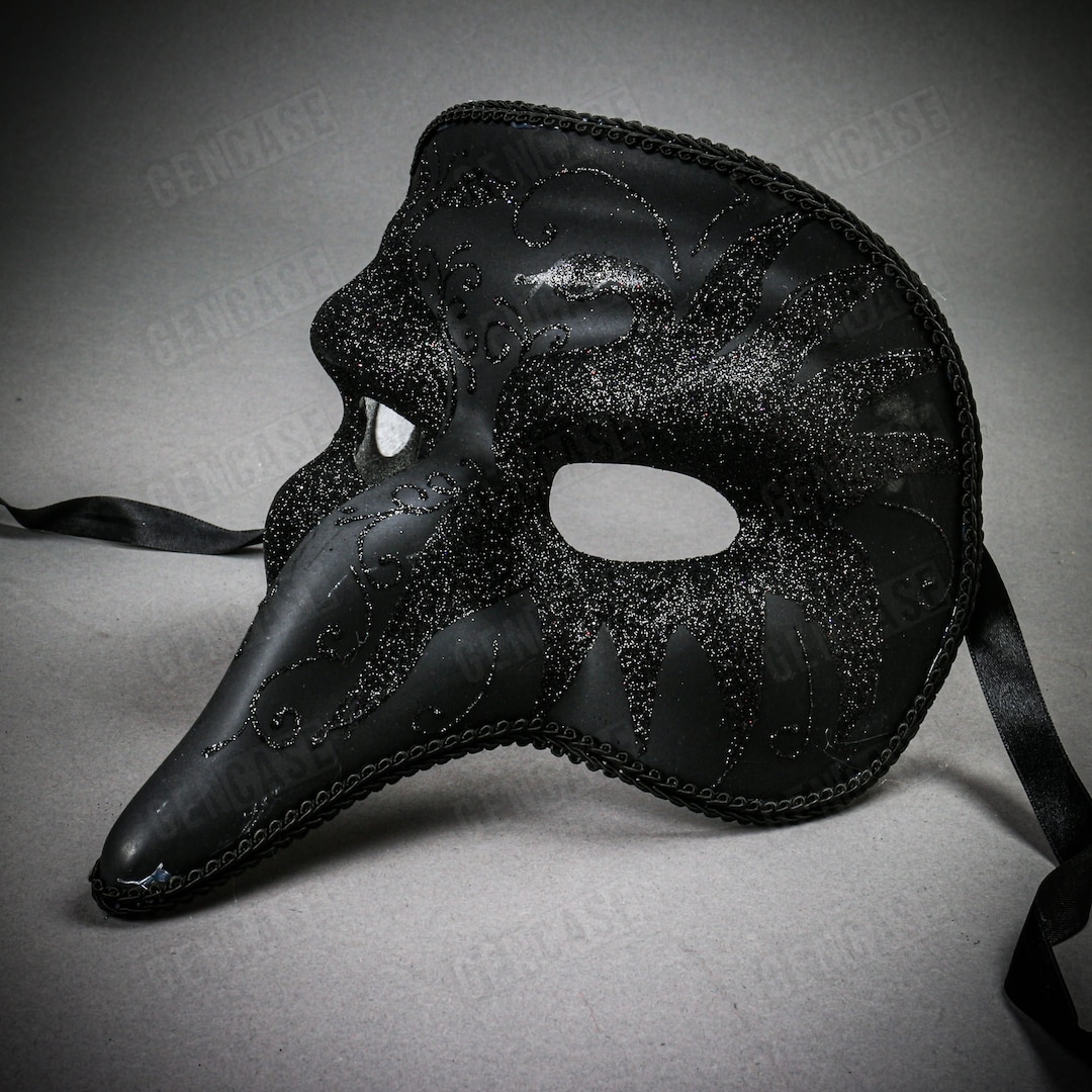 Venetian Long Nose Pantalone Masquerade Party Black Mask With Glitter ...