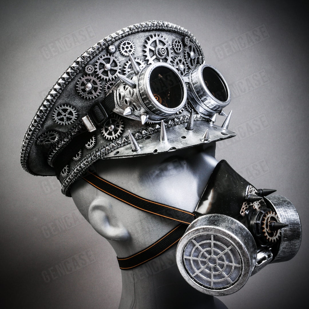 Metallic Silver Steampunk Captain Cap With Silver Party Gas Mask and ...