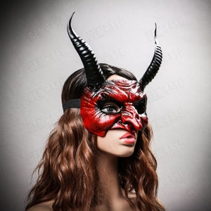 Bloody Red Devil Halloween Demon Mask W/ Twisted Ram Devil Horns for ...