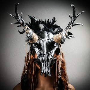 Brushed Silver Antelope Devil Animal Skull W/ Black Deer Horns ...