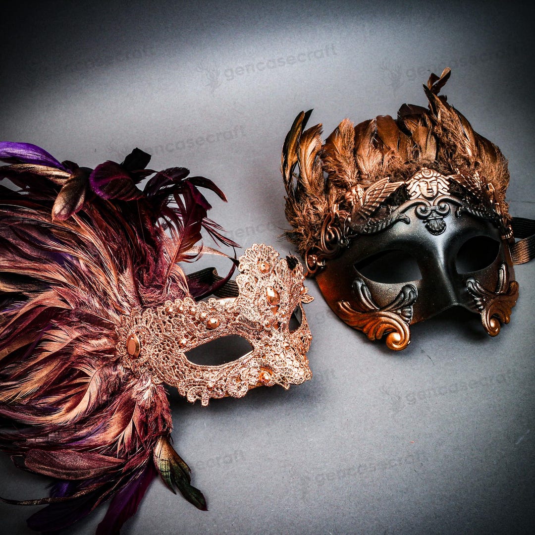 Copper Purple Feather Matching Couple Masquerade Mask, Venetian ...