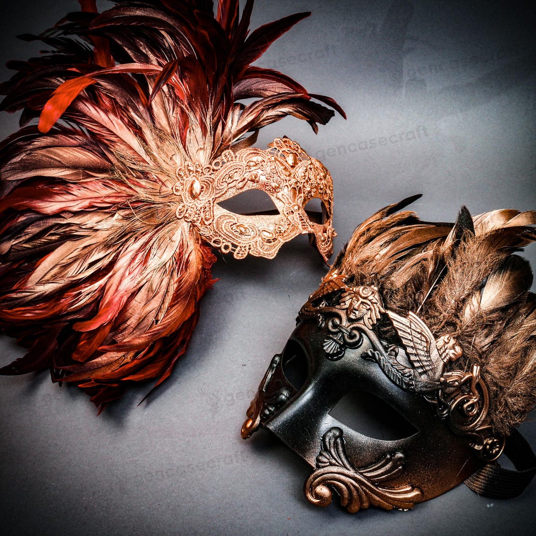 Copper Red Feather Venetian Party Mask for Couple, Set of 2 Matching ...