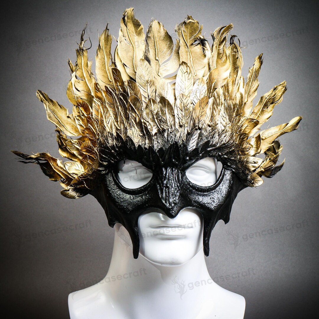 Black Gold Feather Full Face Devil Mask Halloween Masquerade Ball ...