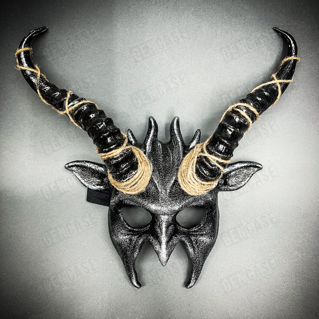 Black Silver Fire Demon With Impala Horns Masquerade Halloween Costume ...