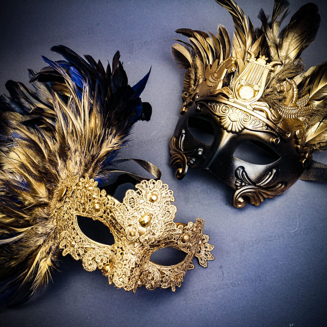 Couple's Pairing Prom Mask Venetian Masquerade, Gold Carnival Mardi ...
