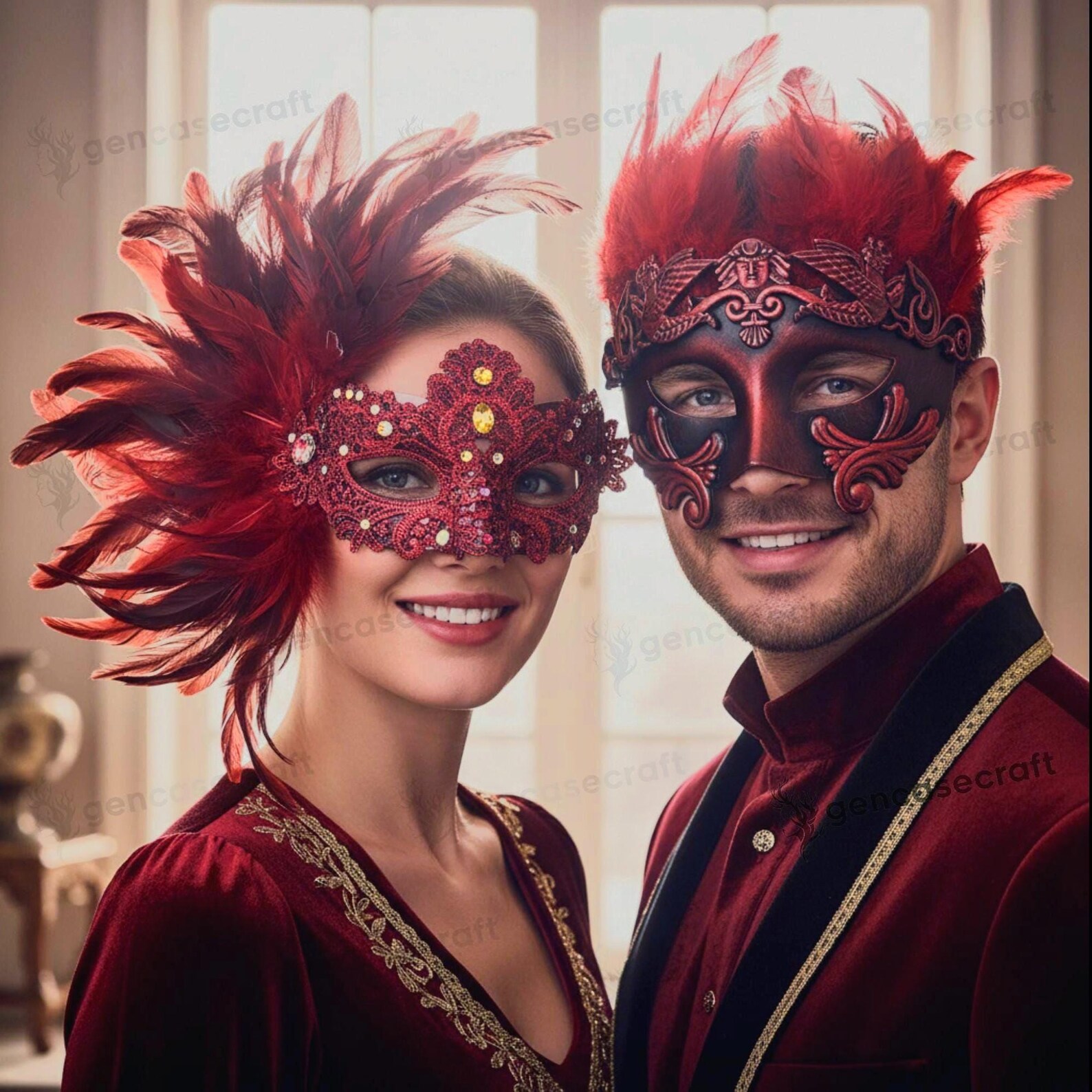 Red Feather Mask for Couple | Venetian Mardi Gras Valentine Masquerade ...