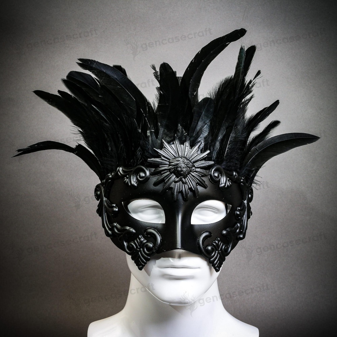 Black Roman Greek Emperor Sun Warrior Venetian Feather Mask for Prom ...