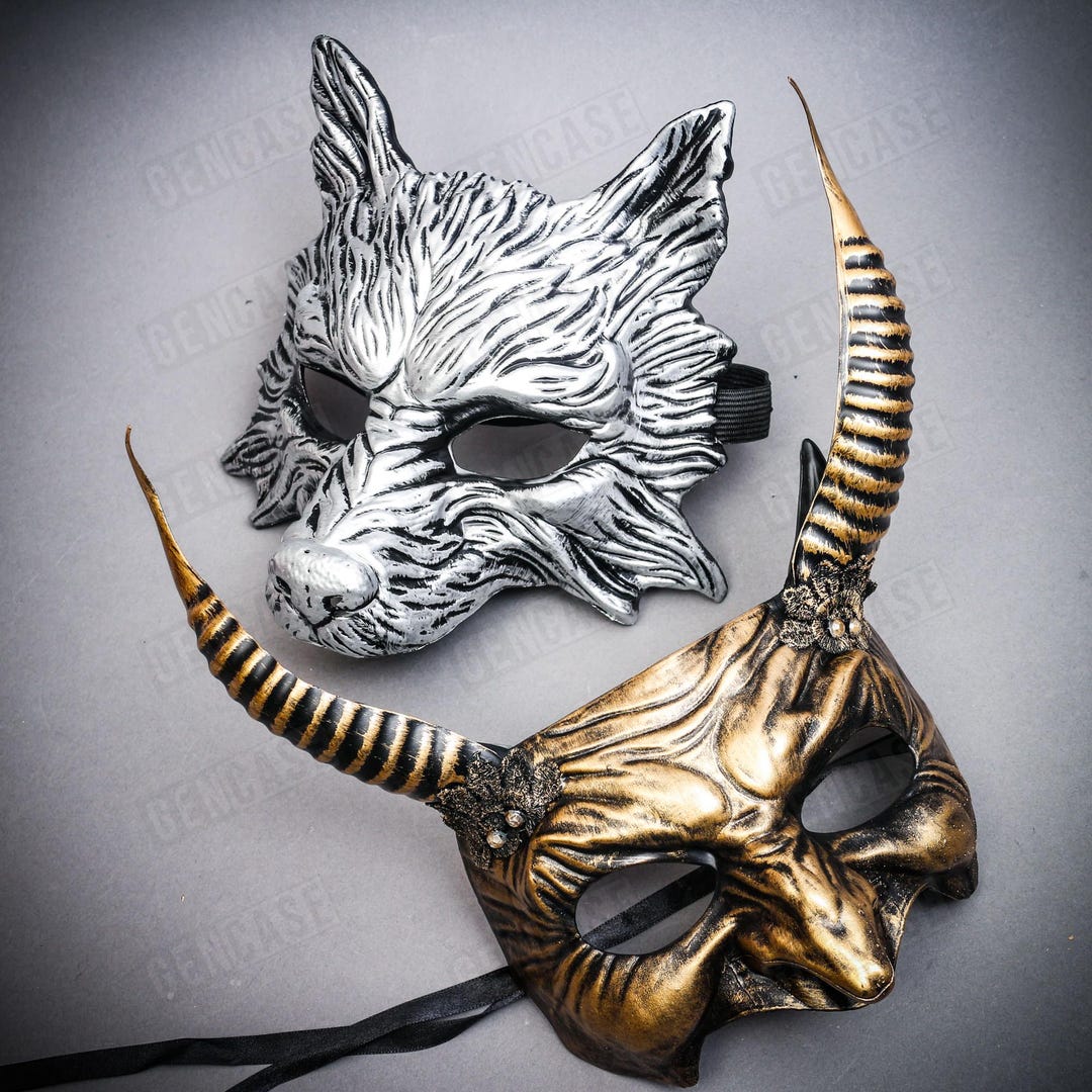 Silver Wolf Beast & Gold Devil Long Horned Halloween Masquerade Party ...