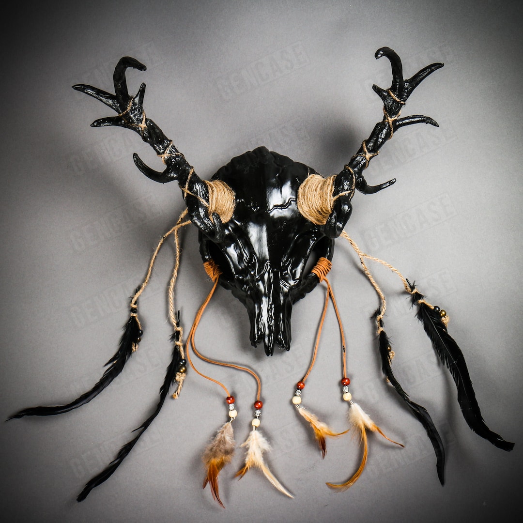 Black Antelope Devil Animal Skull W/ Black Deer Horns Masquerade ...