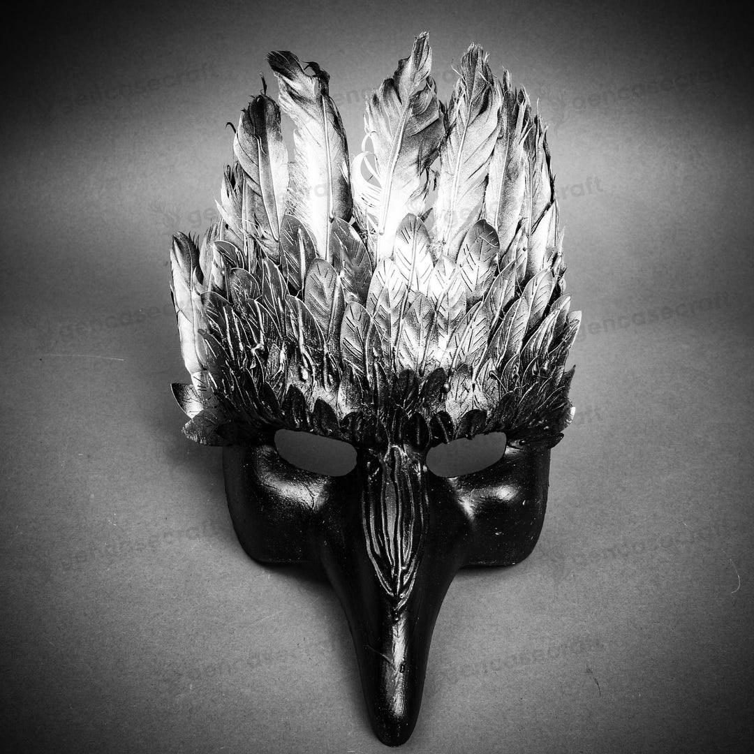 Silver Feather Long Nose Bird Mask Voodoo Pantalone Masquerade, Black ...