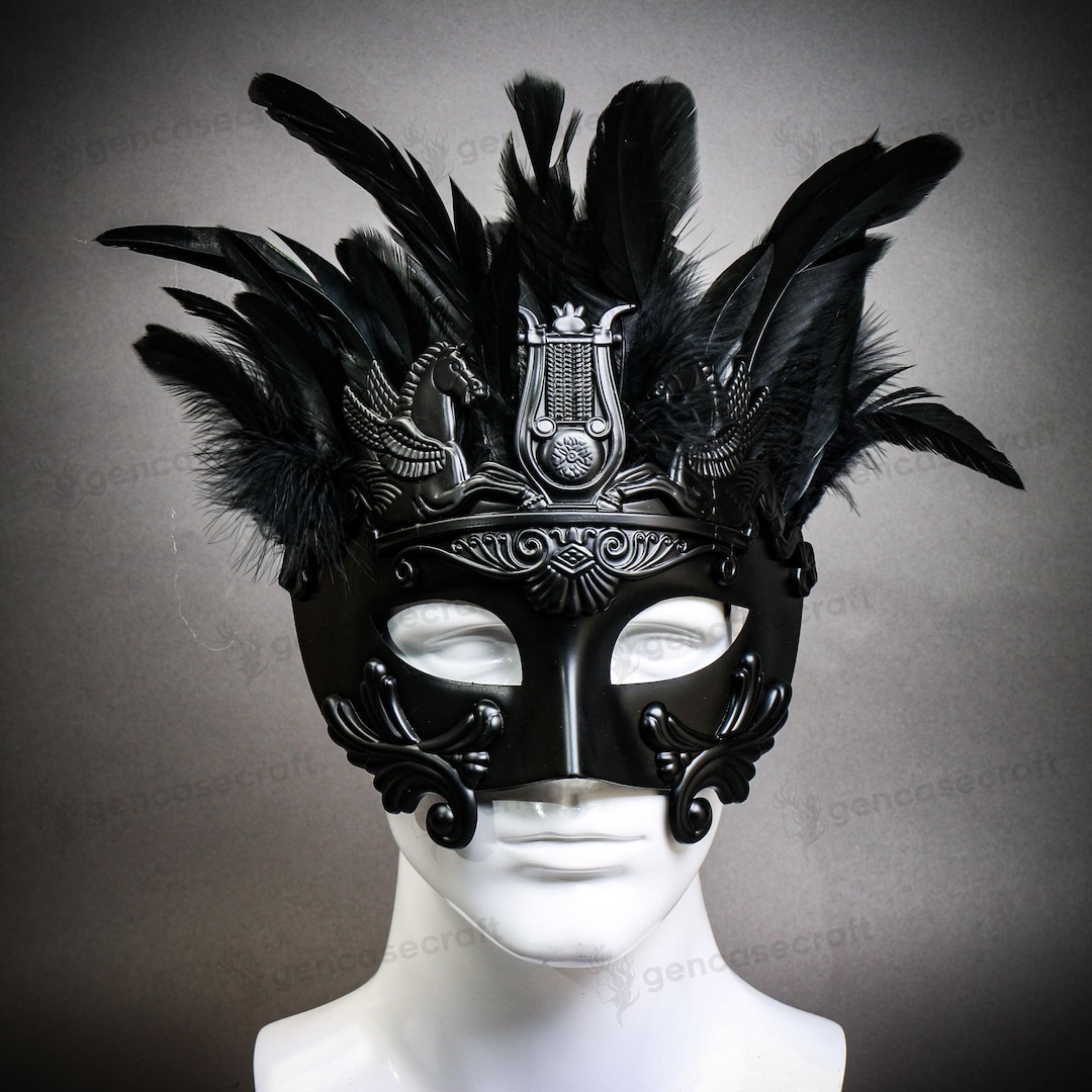 Black Feather Roman Greek Emperor Horse Warrior Venetian Mask, Gothic ...