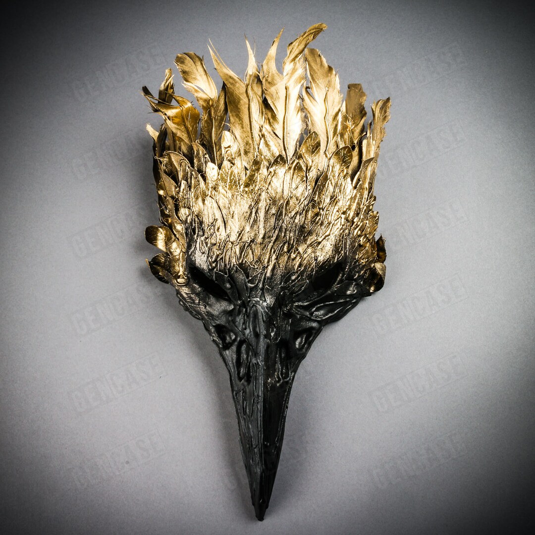 Black Plague Doctor Raven Skull Bird Nose With Gold Feather Halloween ...