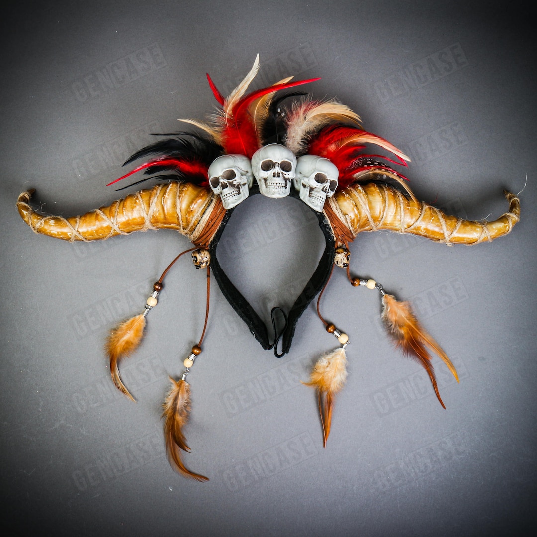 Brown Voodoo Ancient White Skull Long Horn With Red Feather Headband ...