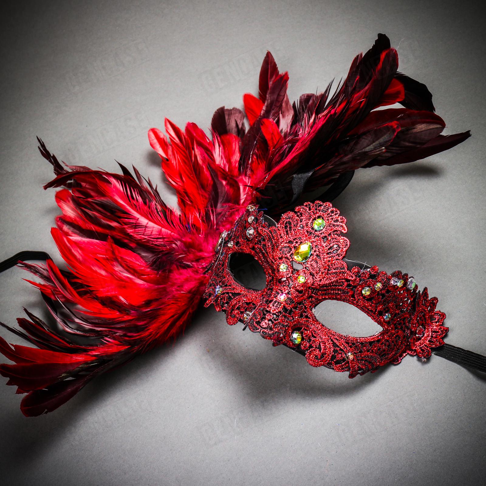 Red Feather Mask for Couple | Venetian Mardi Gras Valentine Masquerade ...