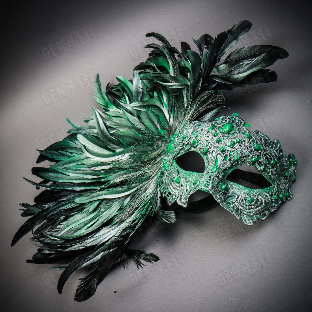 Silver & Green Feather Masquerade Mardi Gras Venetian Mask, Women ...