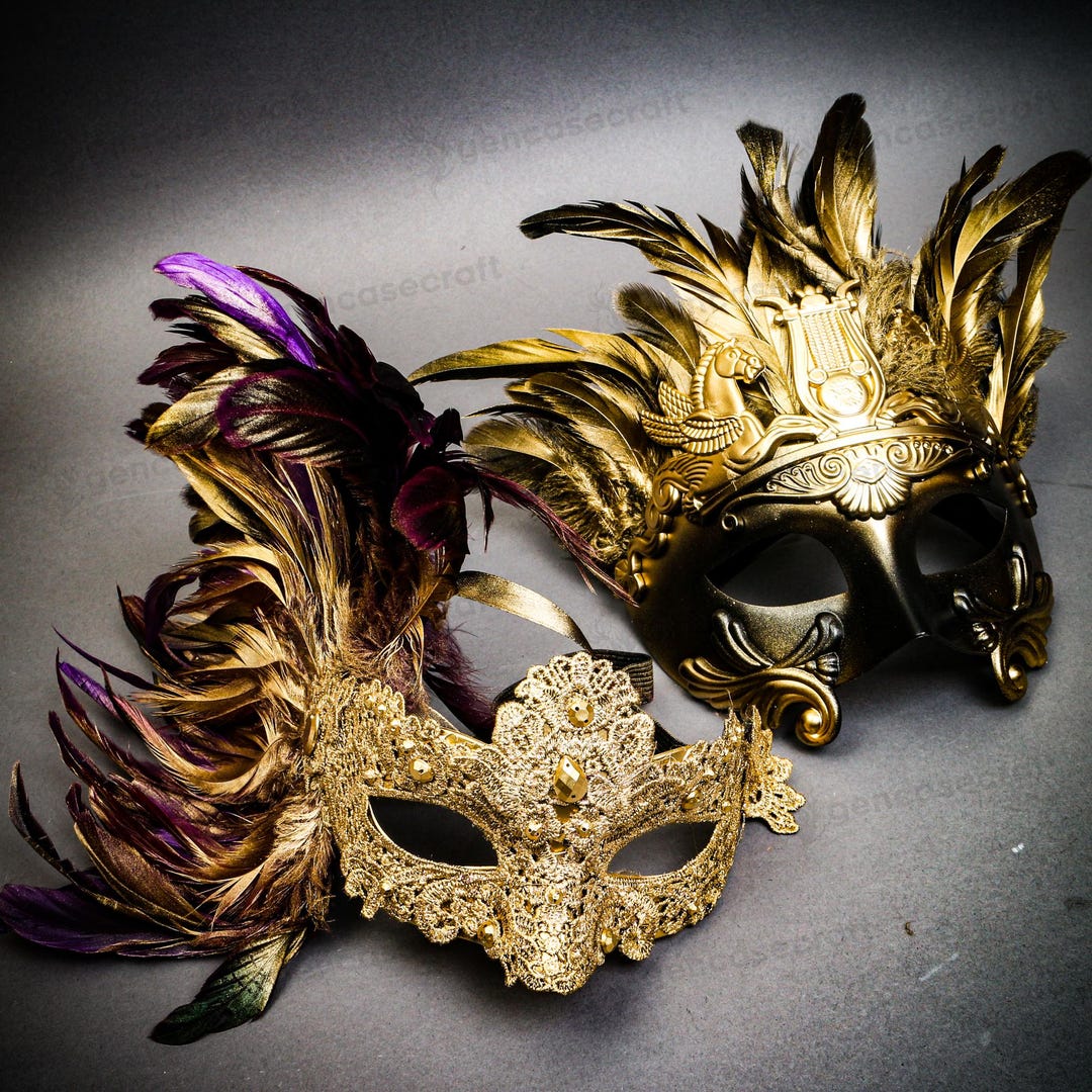 Venetian Mask for Men Women Couple | Gold Feather Masquerade Wedding ...