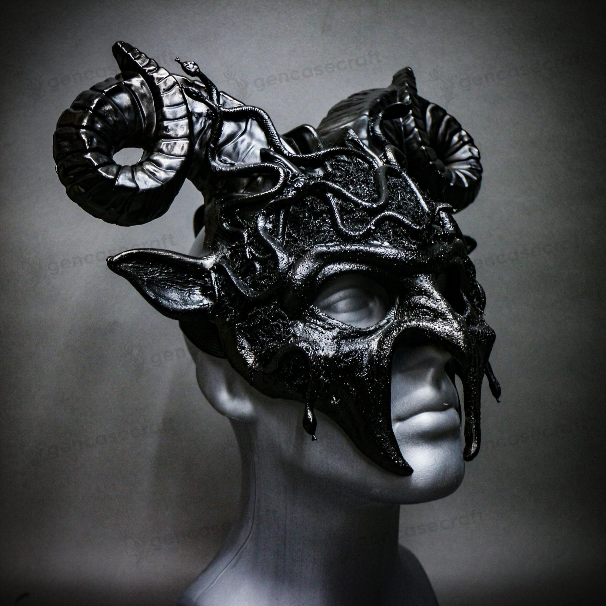 Black Large Ram Horns Krampus Devil Mask, Men and Women Halloween ...